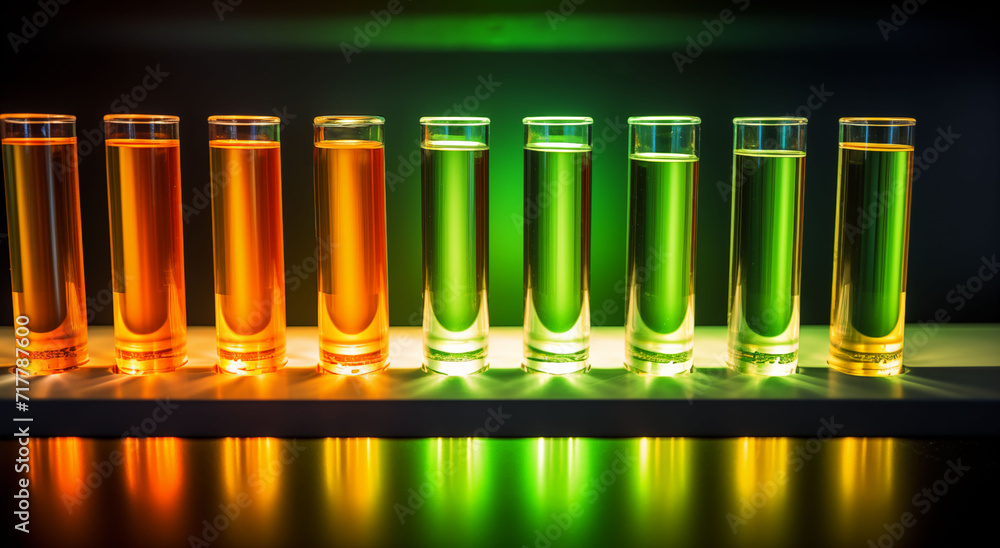 Test tubes filled with orange and green liquids displayed on a shelf ...