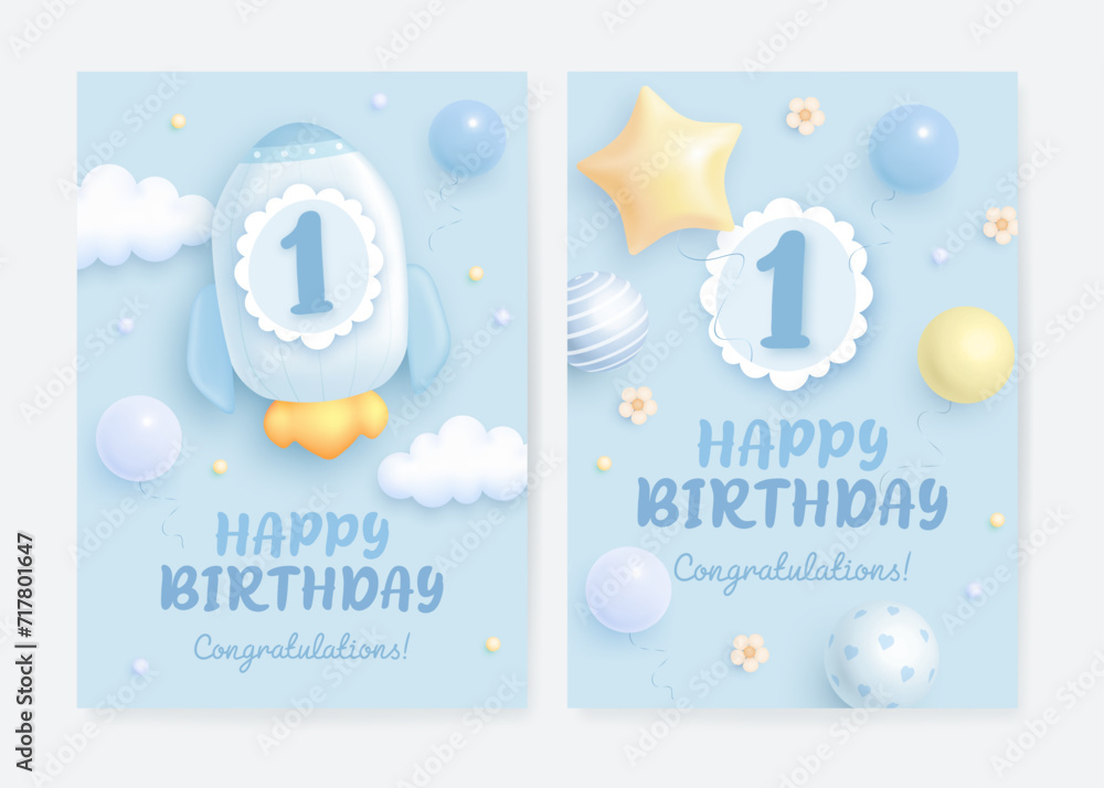 Number 1 birthday celebration greeting card or banner set with ...