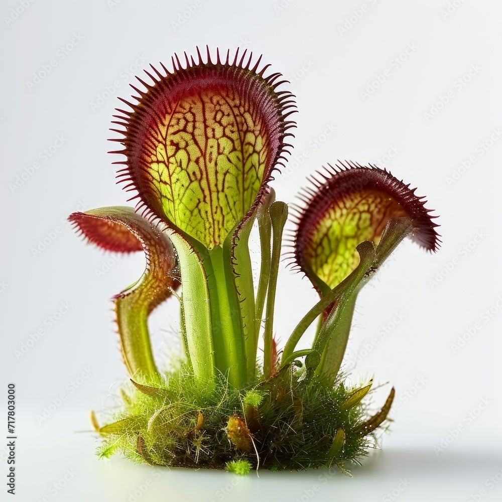 Carnivorous plant captured in the act of trapping, isolated on a white ...