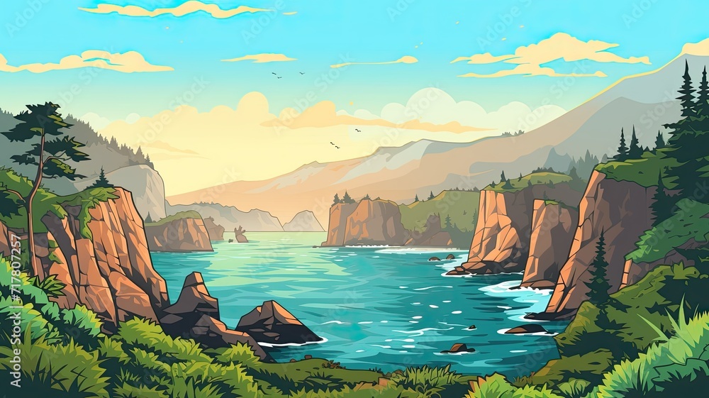 cartoon illustration coastal scene at sunset, rocky cliffs are ...
