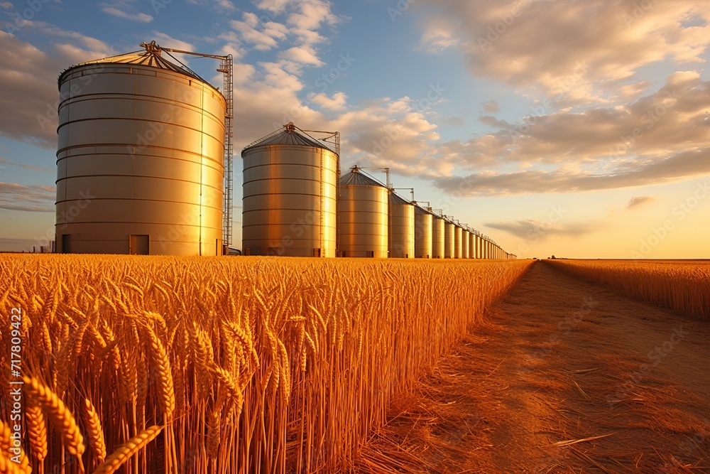 Golden wheat field silos. efficient storage solution for agricultural production Stock Photo ...