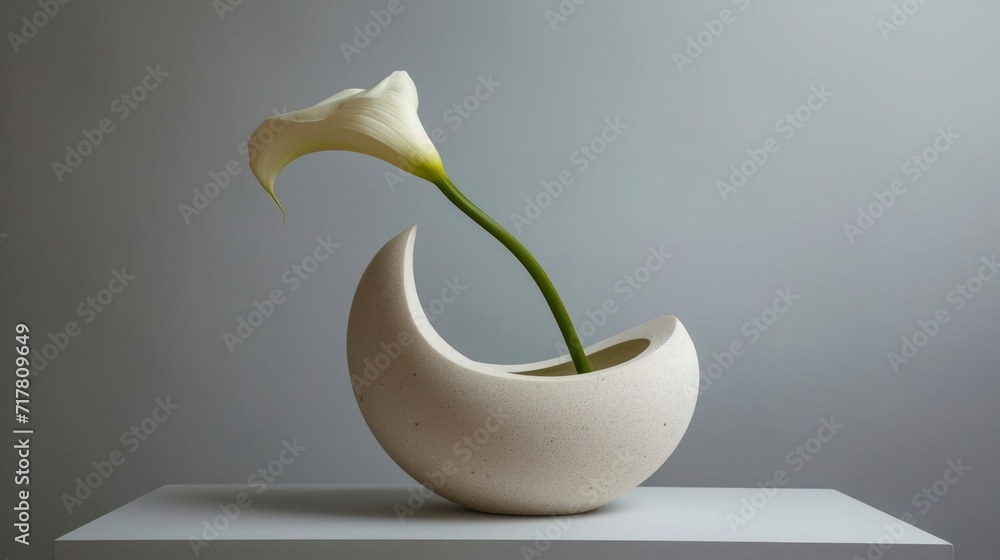 A minimalist vase, sculpted from white marble, its smooth curves ...
