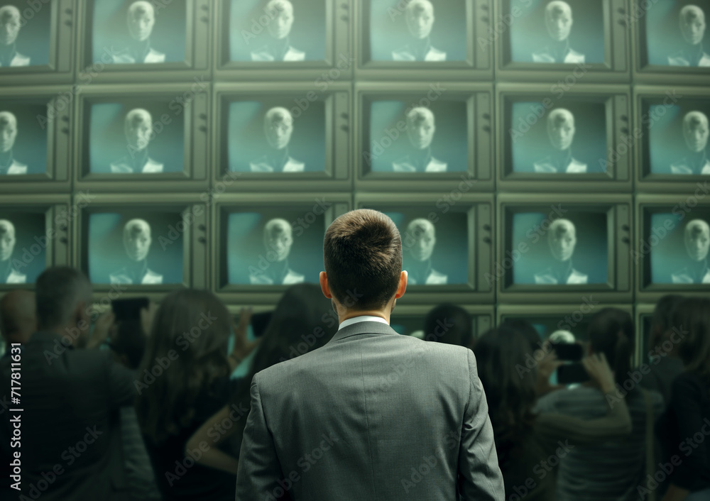 AI robot broadcast on TV and man staring at the screens Photos | Adobe ...