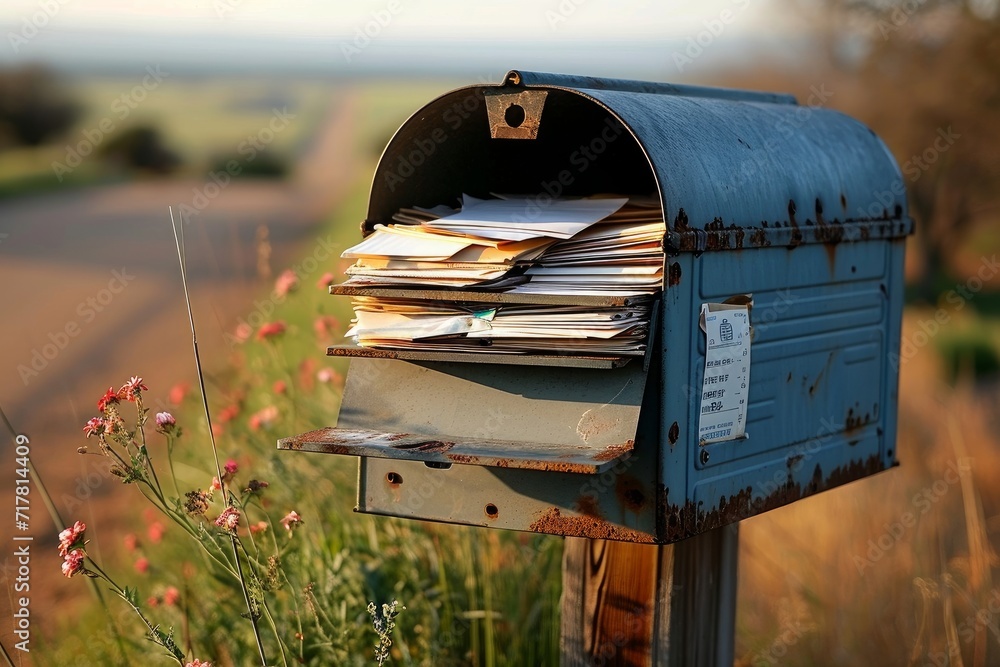 A rural mailbox is overflowing with an assortment of mail, including ...