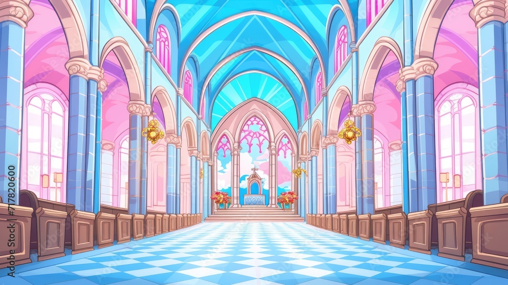 cartoon illustration of Cathedral Church view inside. Stock ...