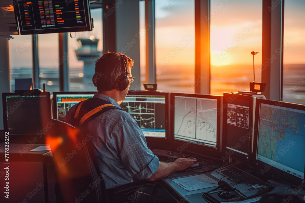 Man working as air traffic controller in airport control tower. Team of ...