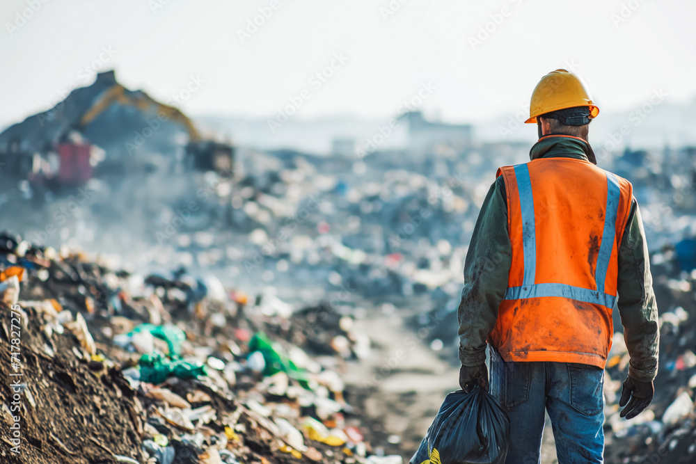Worker walking at garbage dump. He controls the progress of work at the ...