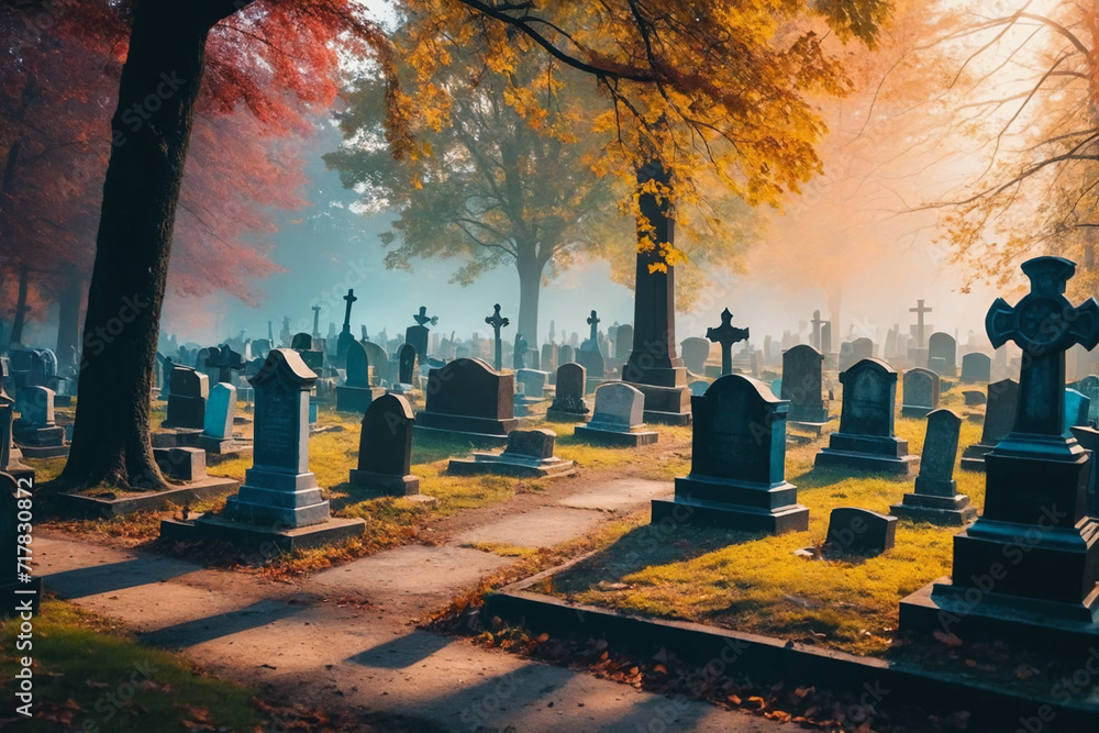Colorful fantasy cemetery, supernatural eccentric burial ground ...