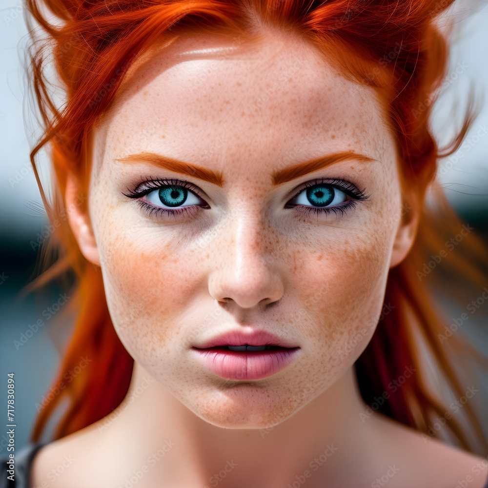 close up portrait of a woman,angry woman face, blue eyes, red hair ...