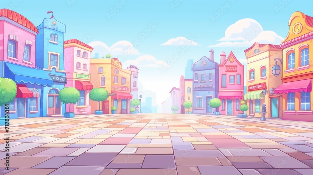 cartoon illustration of city square background, filled with colorful ...