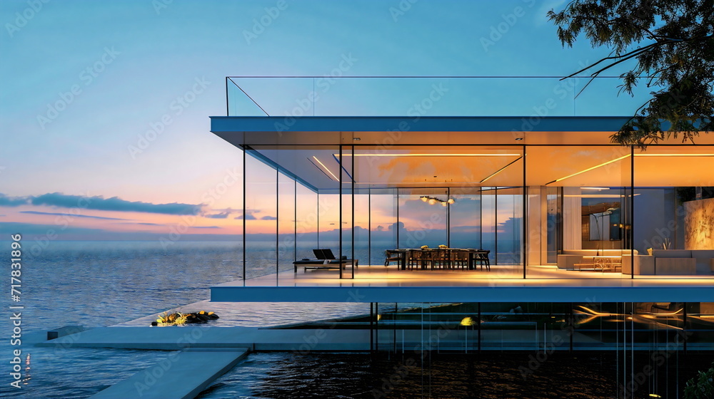 A modern glass-walled waterfront home that seamlessly blends into the ...