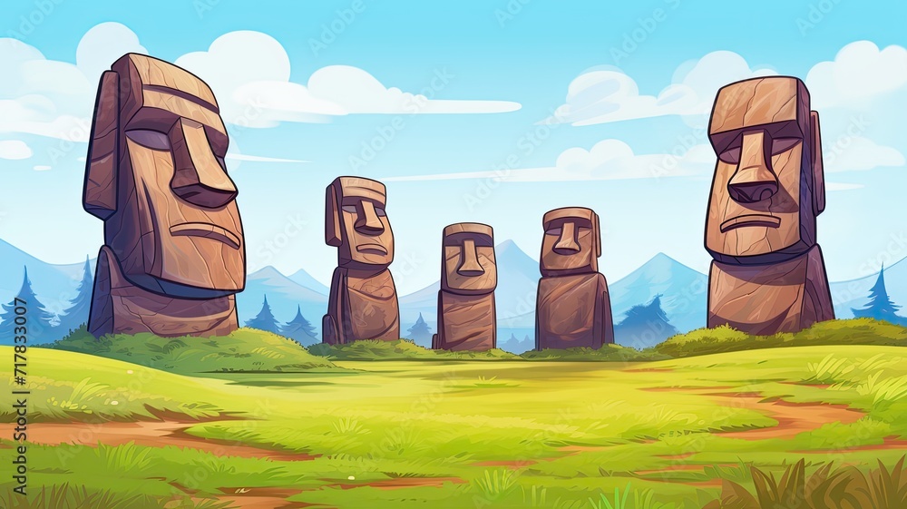 cartoon illustration Remote island with mysterious moai statues. sweet ...