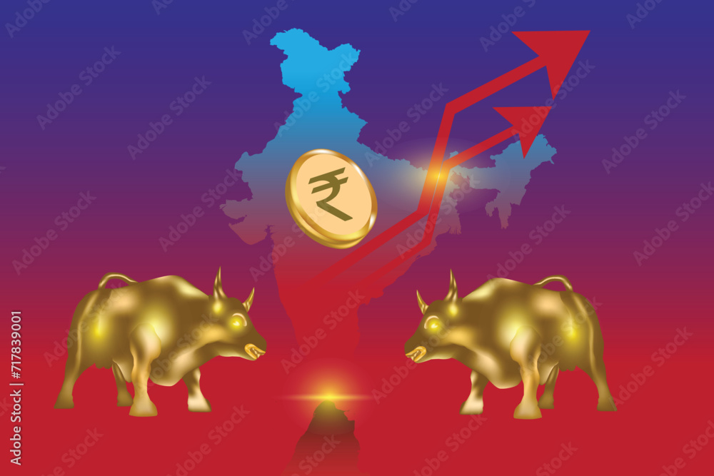 Union Budget India. Red suitcase and up market arrows with rupee symbol ...