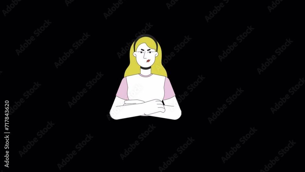 Frowning upset blonde woman arms folded line 2D character animation ...