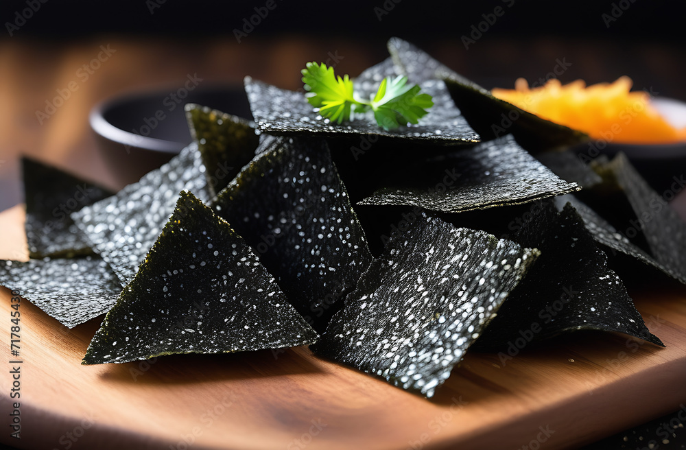 Homemade nori chips with seeds by close-up shot that highlights the ...