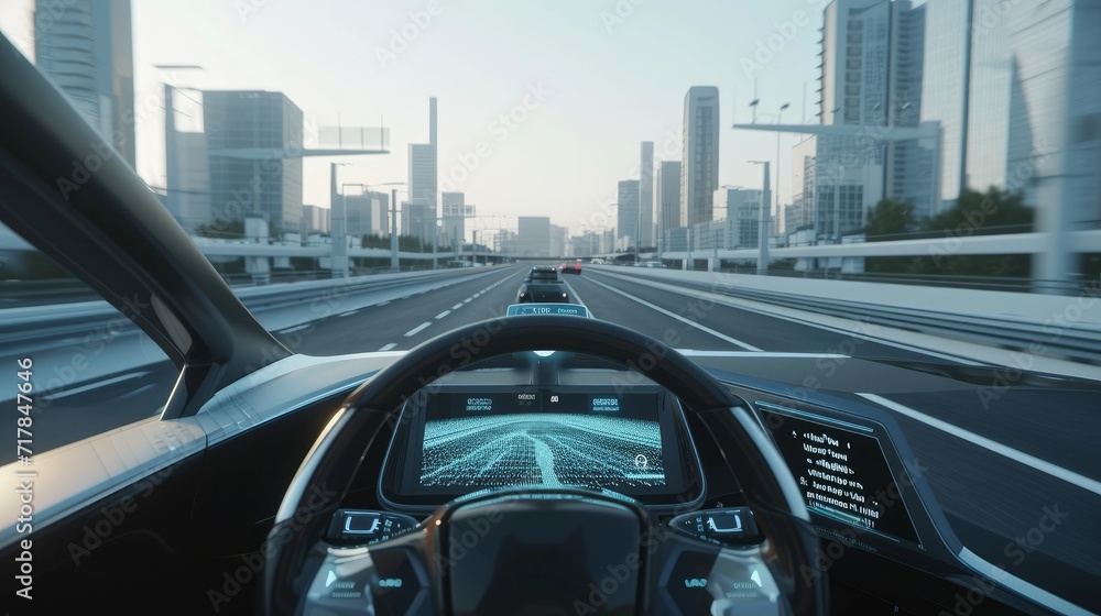 Autonomous Self-Driving 3D Car Moving Through City Highway. VFX ...
