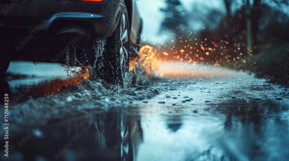 Car driving through the puddle and splashing by water Stock Photo ...
