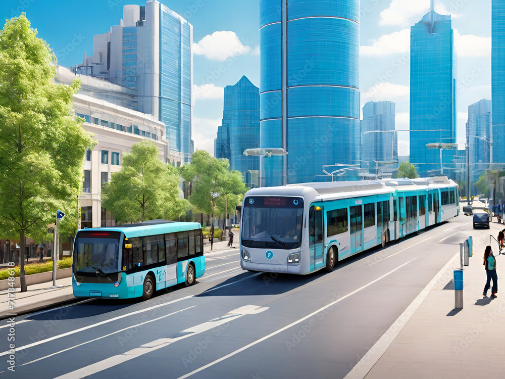 Urban Electric Transportation: A cityscape featuring electric buses ...