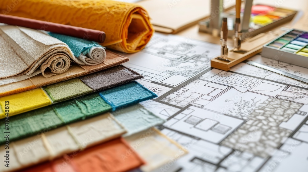 Interior designer's working table, an architectural plan of the house ...