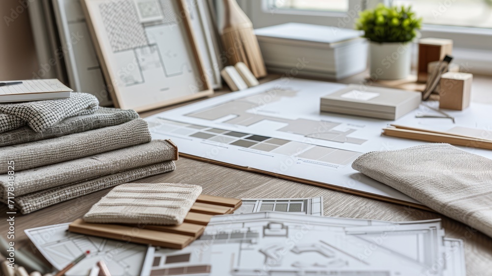 Interior designer's working table, an architectural plan of the house ...