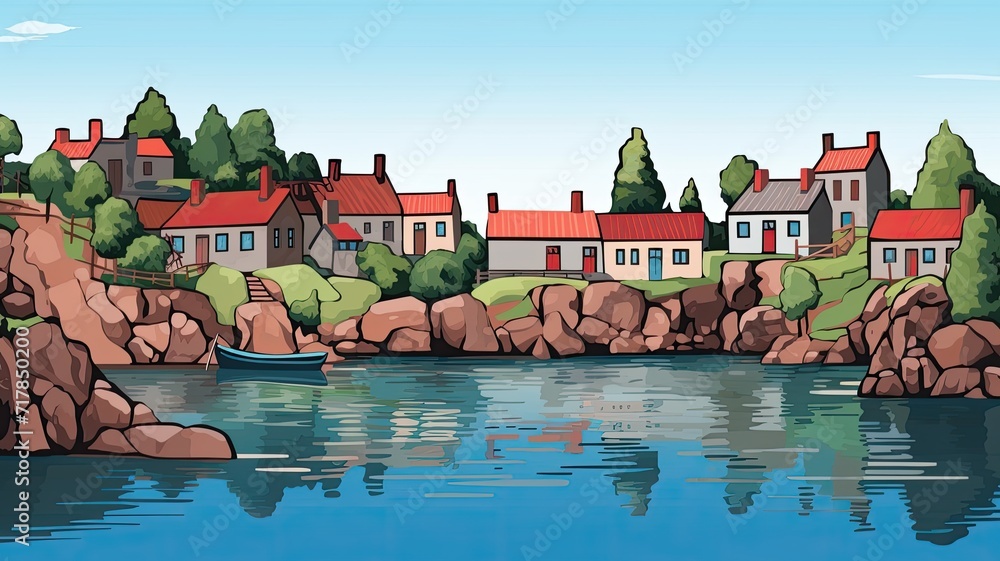 cartoon illustration Archipelago with red granite cliffs and charming ...