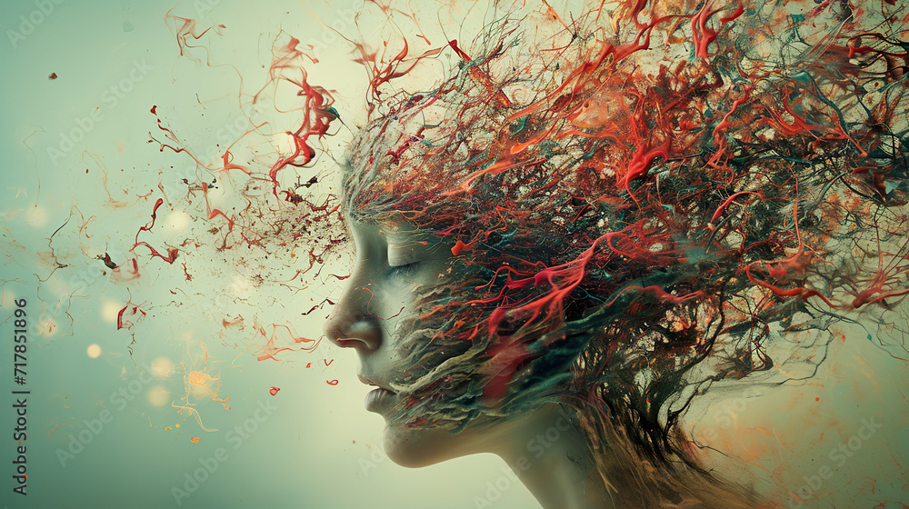 Surreal illustration of human head with explosion of chaotic shapes ...