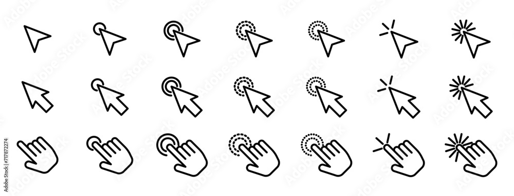 Click cursor arrow or hand vector icon set. click here hand button ...