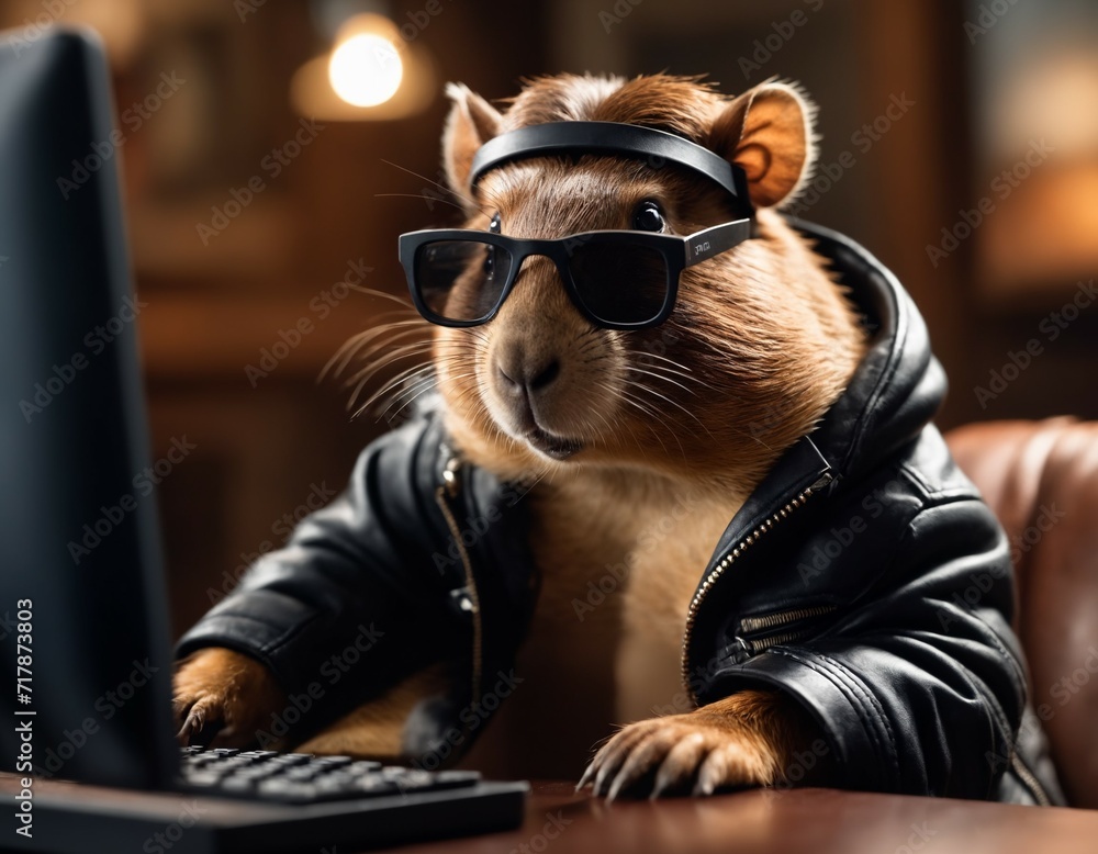A capybara in gamer sunglasses and a leather jacket plays games at a ...