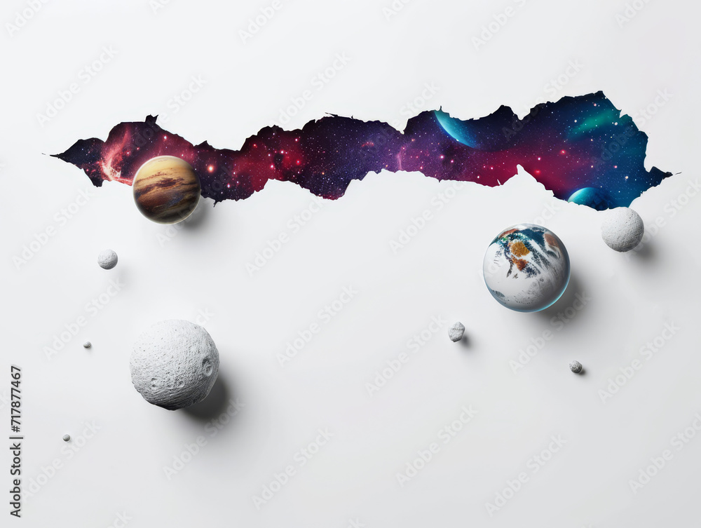 Artistic rendition of planets breaking through a space backdrop. Torn ...