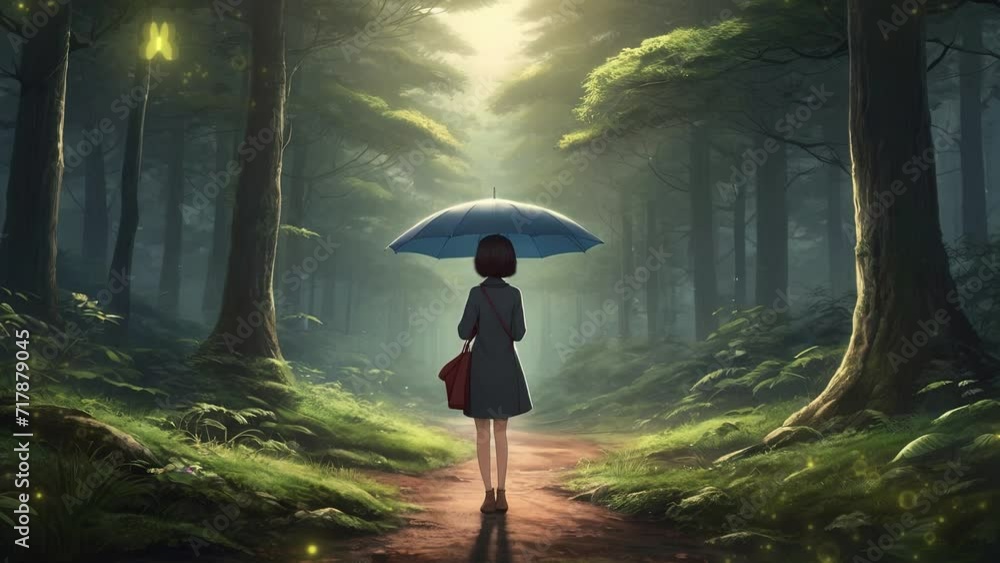 Lonely anime style girl holding umbrella and standing, walking in the ...