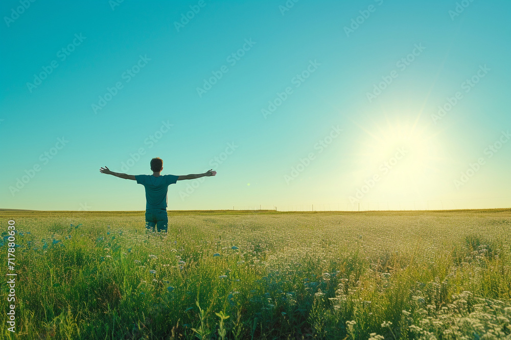 person standing in an open field with arms outstretched, basking in the ...