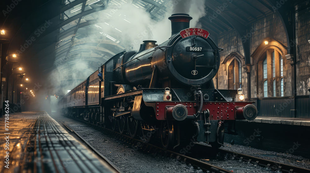 Beautiful old vintage steam railway engine and classic railway station ...