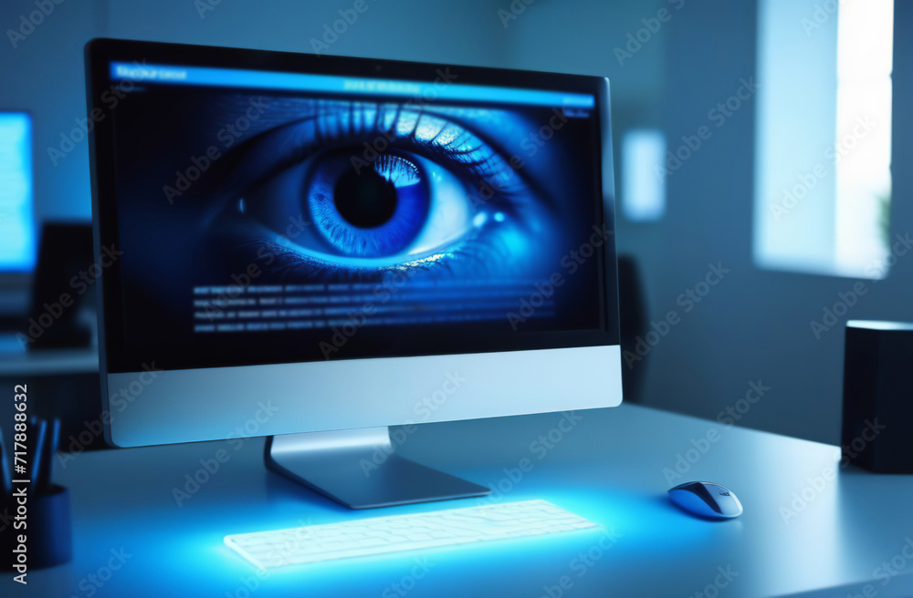 Computer Monitor with Blue Neon Eye on the Screen standing in the ...