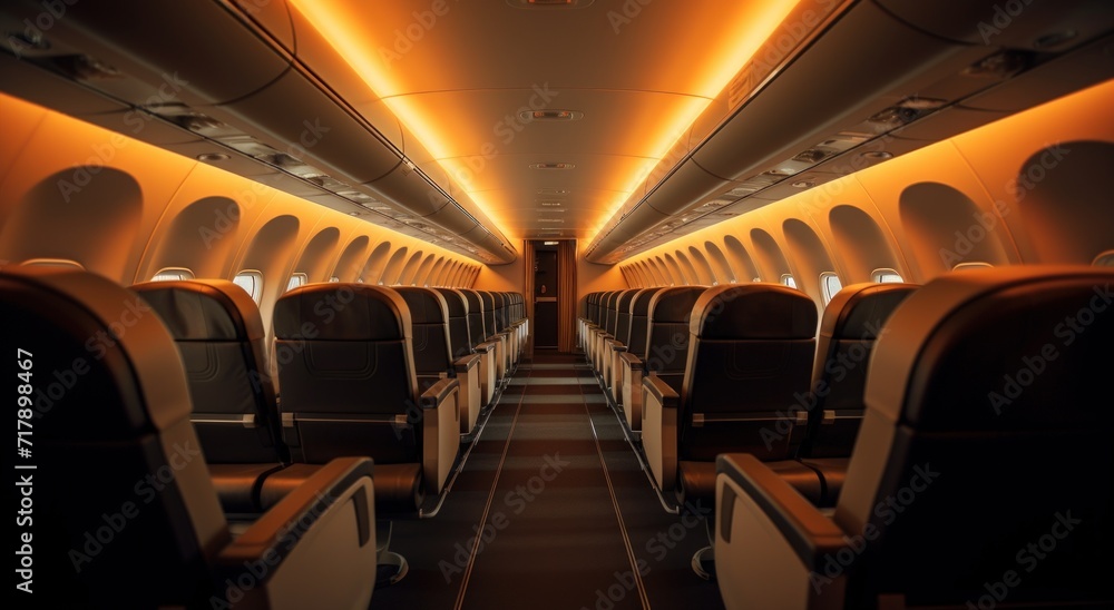 Airplane interior inside. Seats and passenger areas for business and ...