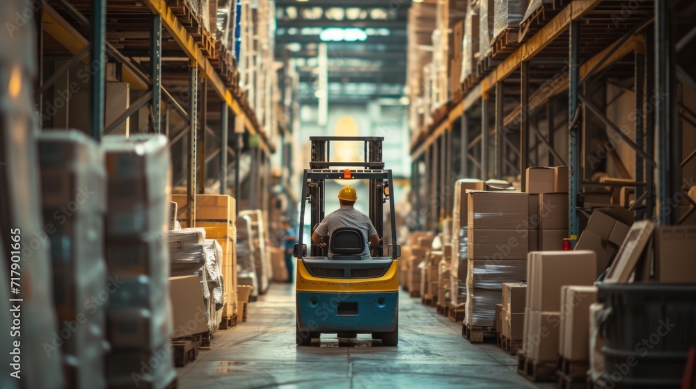 A loader works in a warehouse and drives a forklift. Background for ...