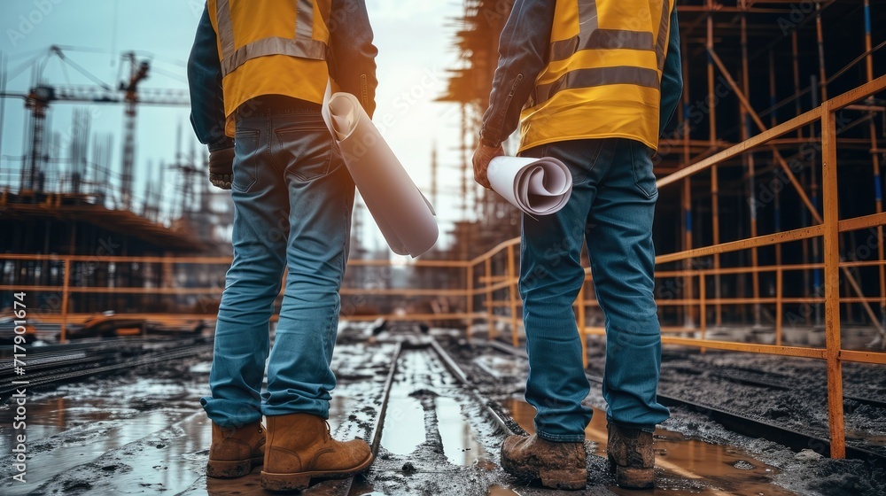 Civil engineers wearing hard hats and holding blueprints stand on the ...
