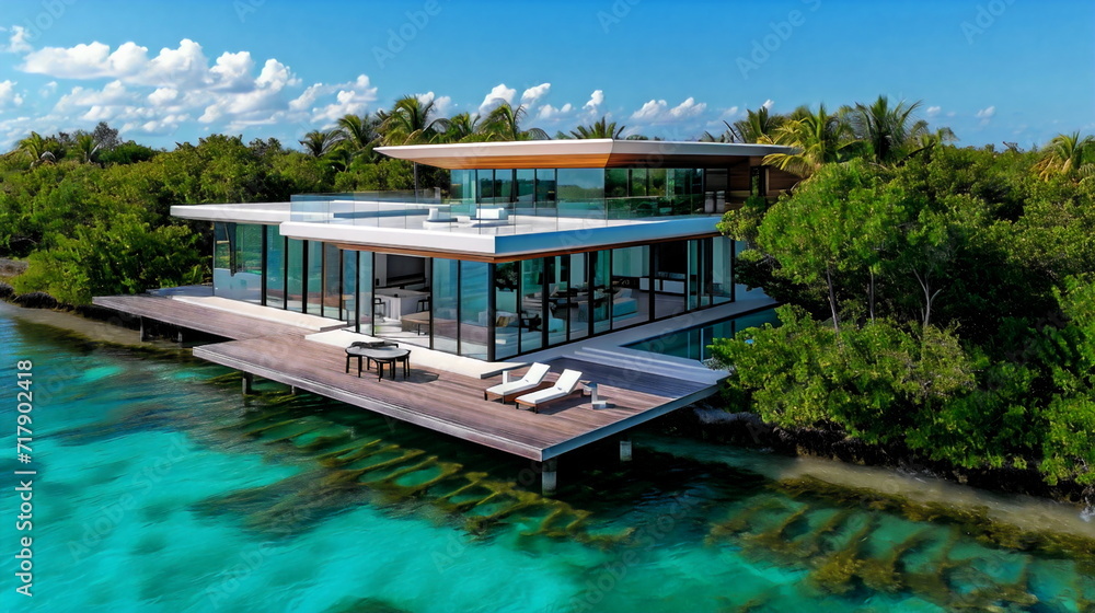 An elegant contemporary waterfront residence featuring a wraparound ...