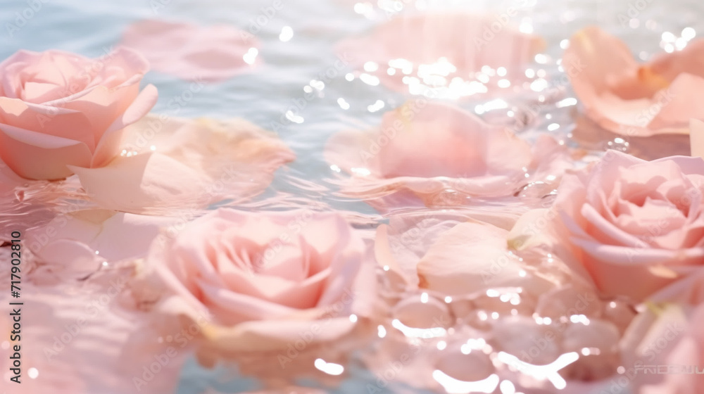 Rose and petals floating on the water. Aesthetic background photography ...