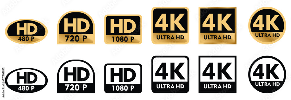 Golden 4K badge icon set. 4k Ultra HD icons. 4K UHD TV symbol of High ...