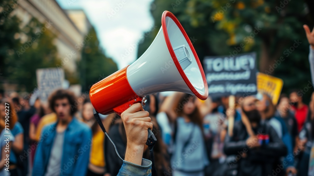 Protest Powe A powerful image of a megaphone at a protest, symbolizing ...