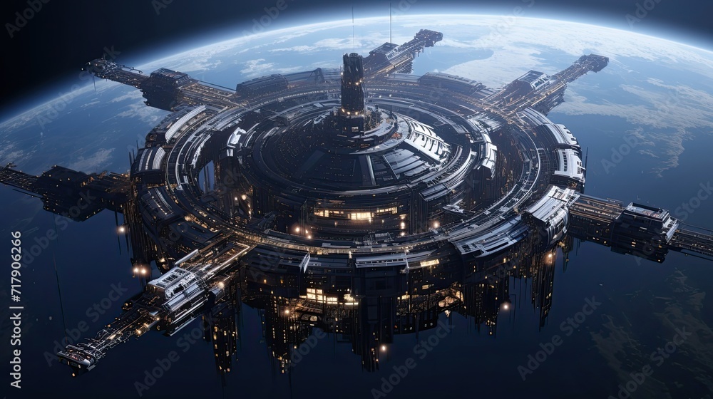 Cutting-edge space station orbiting a remote exoplanet. Technologically ...