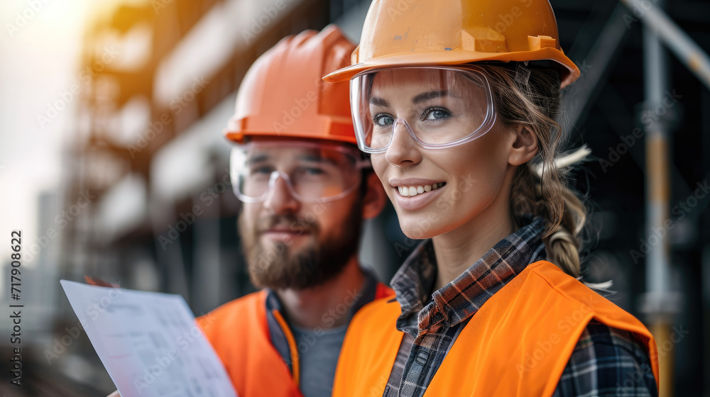 Civil engineer construction worker and architects wearing hardhats and safety vests are working ...