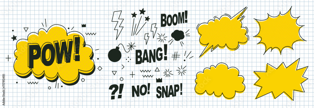 Speech bubbles, effects set hand-drawn with a pen in a check notebook ...