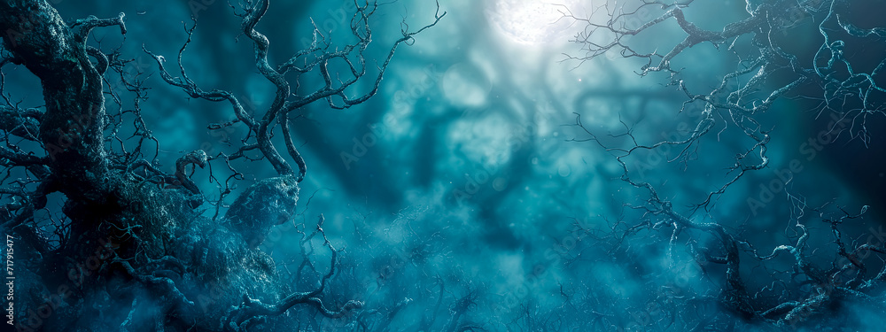 Mysterious and haunting forest scene with twisted, bare tree branches ...