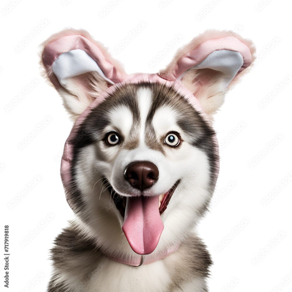 Dog with rabbit ears ready for Easter, cheerful Siberian Husky in a ...