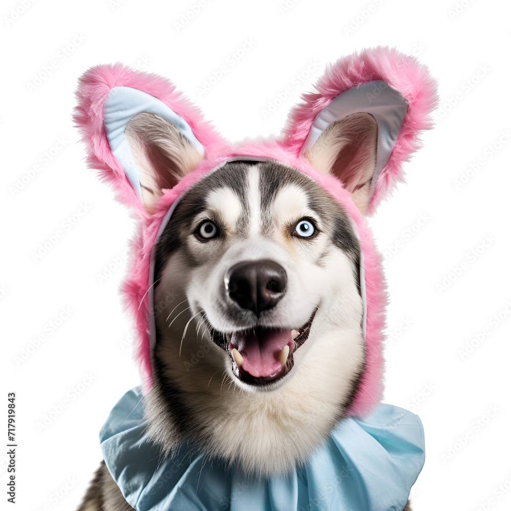 Joyful Siberian Husky donning an Easter bunny costume, dog with rabbit ...