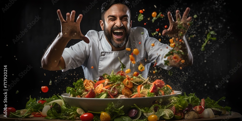 Chef in animated delight over floating salad ingredients. culinary ...
