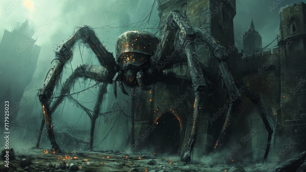 5 small fantasy spiders-like creatures with aspects of robot weaves a ...