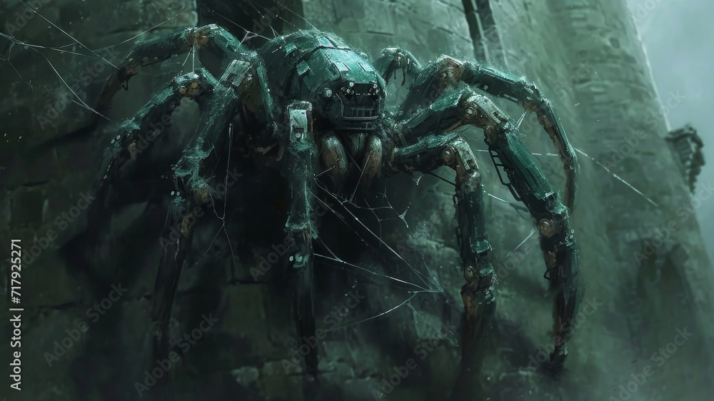 5 small fantasy spiders-like creatures with aspects of robot weaves a ...