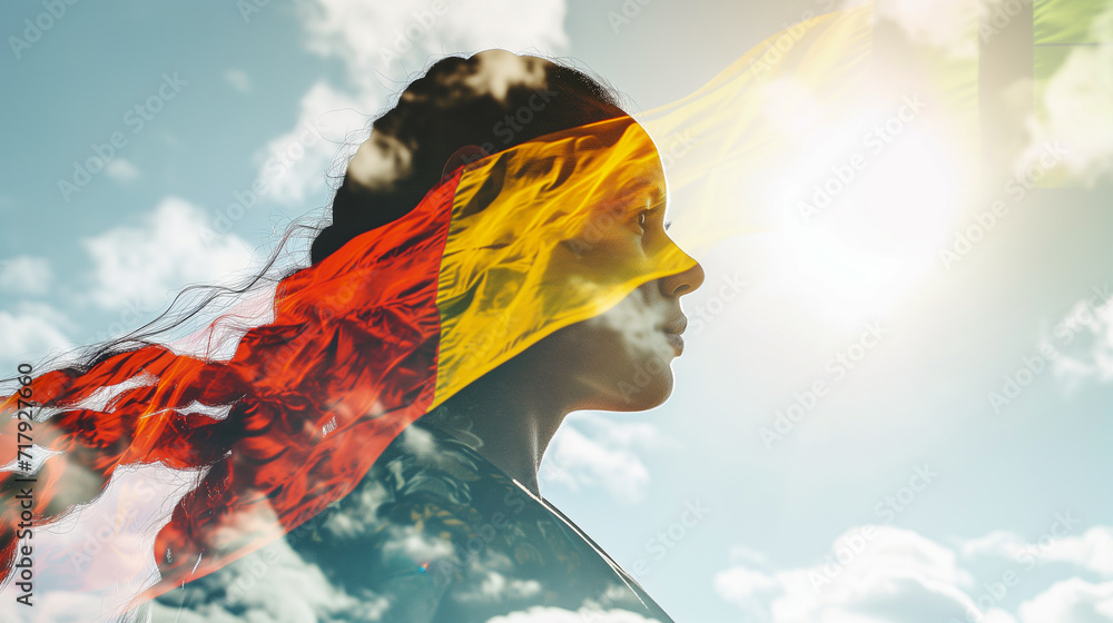 Double exposure portrait of Indigenous Australian woman blended with ...